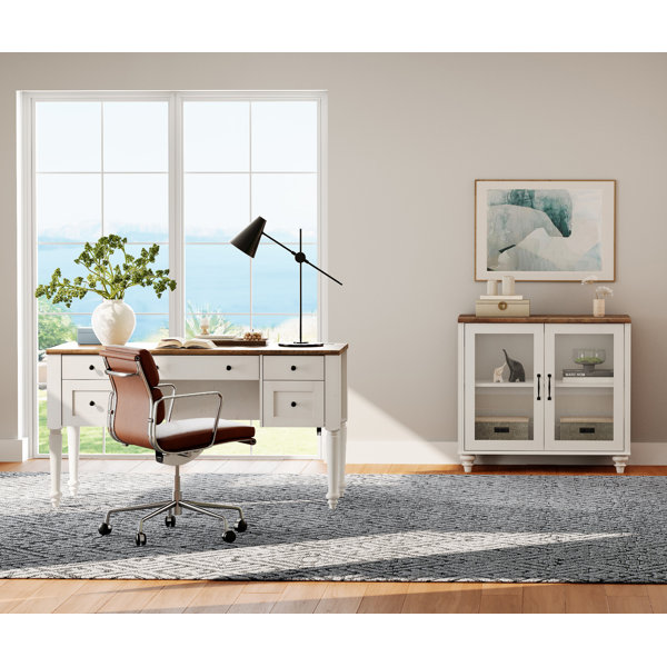 Ophelia & Co. 2 Piece Office Set, 56" Executive Desk & Cabinet With Glass Door, White | Wayfair